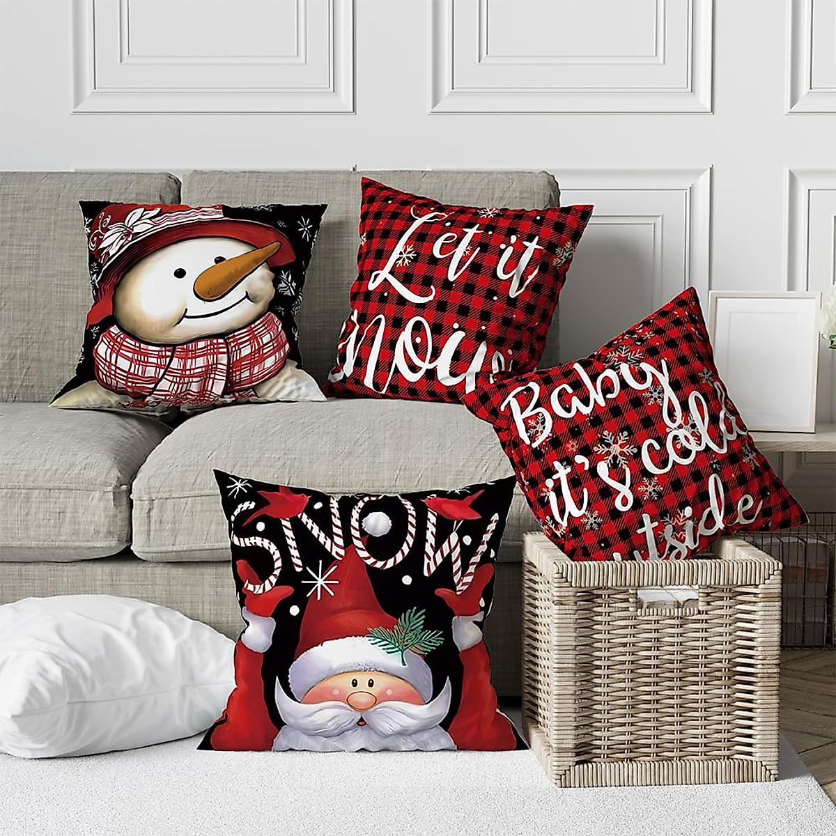 DOTOOMA 18 x 18 inches Christmas Snowflake Snowman Santa Claus Decorative Red Black Buffalo Check Plaid Throw Pillow Cover Set of 4 Let It Snow Baby It's Cold Outside Home Supplies