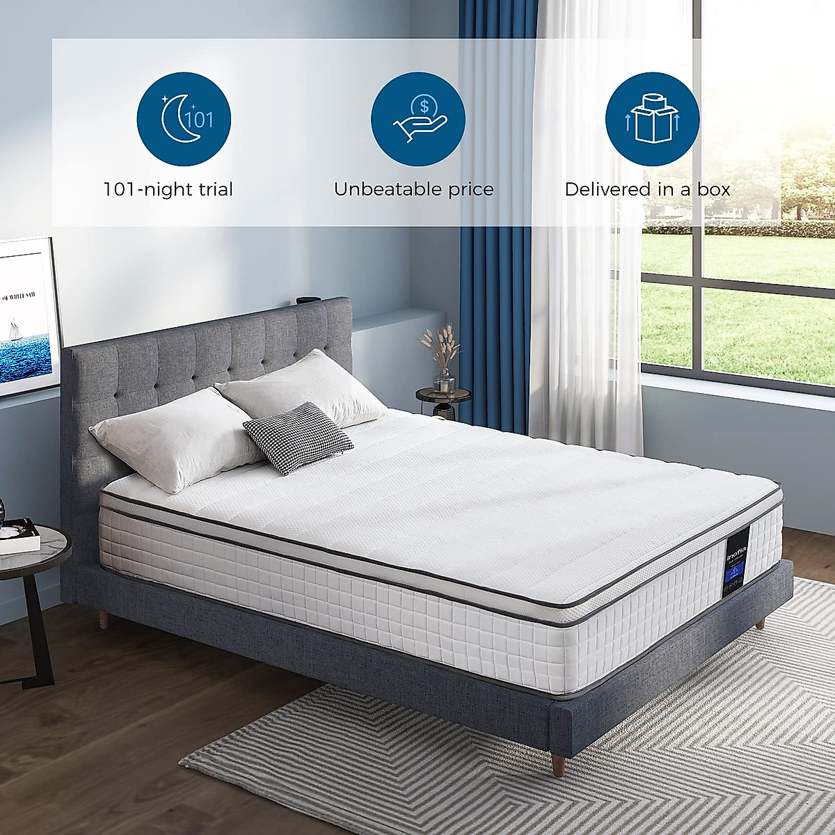 Inofia Queen Mattress, 10 Inch Queen Size Mattresses, Layers of Cool Memory Foam with Motion Individually Pocket Coils, Breathable Comfortable Hybrid Mattress, Supportive & Pressure Relief for Couples