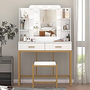 Vabches Makeup Vanity with Lighted Mirror,Vanity Mirror with Lights and Table Set,Vanity Set with 10 LED,Vanity Desk with 3 Lighting Modes and 2 Drawers&Cushioned Stool for Bedroom.
