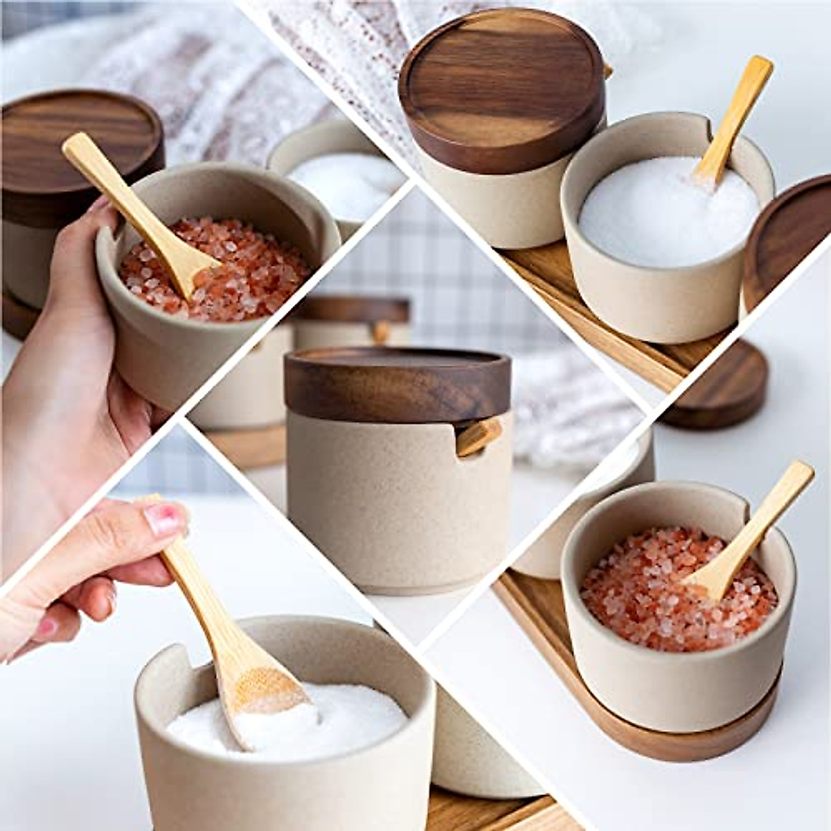 ISABETTA 3 Pcs Sugar Bowls Ceramic Condiment Pots，Ceramic spice jar，Ceramic Seasoning Jar with Wooden Lid Spoon and Tray for Home and Kitchen