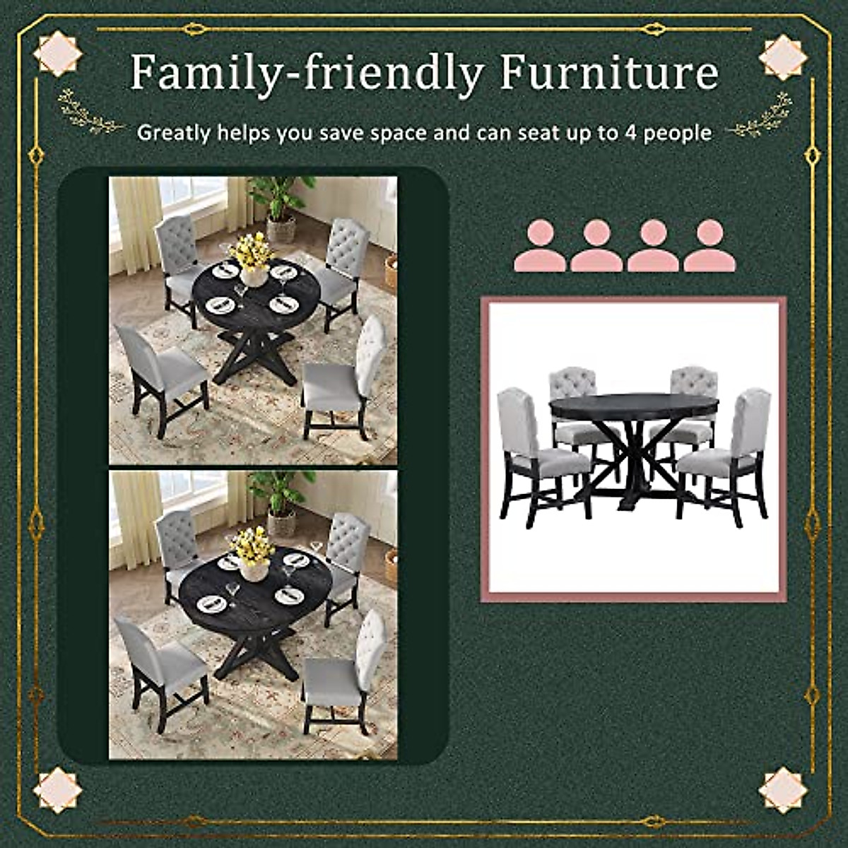 LCH 5-Piece Functional Furniture Retro Style, Extendable Round Set with Table and 4 Upholstered Chairs for Dining Living Room (Espresso)