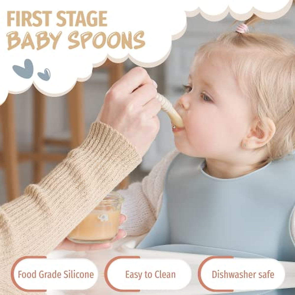 Jocate Silicone Baby Spoons First Stage Set - 4.5 Inch Self Feeding Spoons for Babies and Toddlers - Food Safe BPA Free Silicone - Dishwasher and Microwave Safe - Set of 5 (The Pastels)