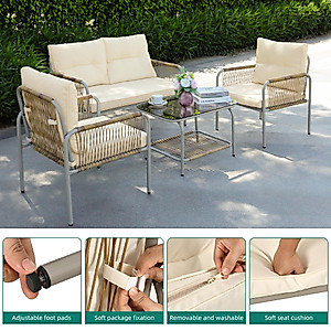 YITAHOME 4 Pieces Patio Furniture Set, Wicker Outdoor Conversation Set, All-Weather Rattan Bistro Set with Loveseat Set, Coffee Table and Cushions for Backyard, Balcony, Deck - Beige