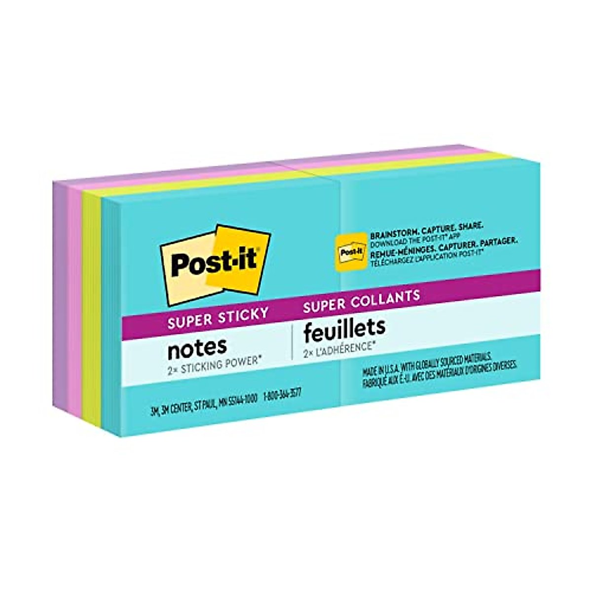Post-it Super Sticky Notes,2x2 in, 8 Pads, 2x the Sticking Power, Supernova Neons Collection, Recyclable (622-8SSMIA) , 1 7/8" x 1 7/8" , Assorted