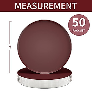 DYLIVeS 50 Count 9 inch Burgundy Paper Plates, Maroon Disposable Party Dessert Plates Flat Plates Round Food Serving Trays Platter, Birthday Party Supplies for Appetizers, Cake, Graduation, Holiday