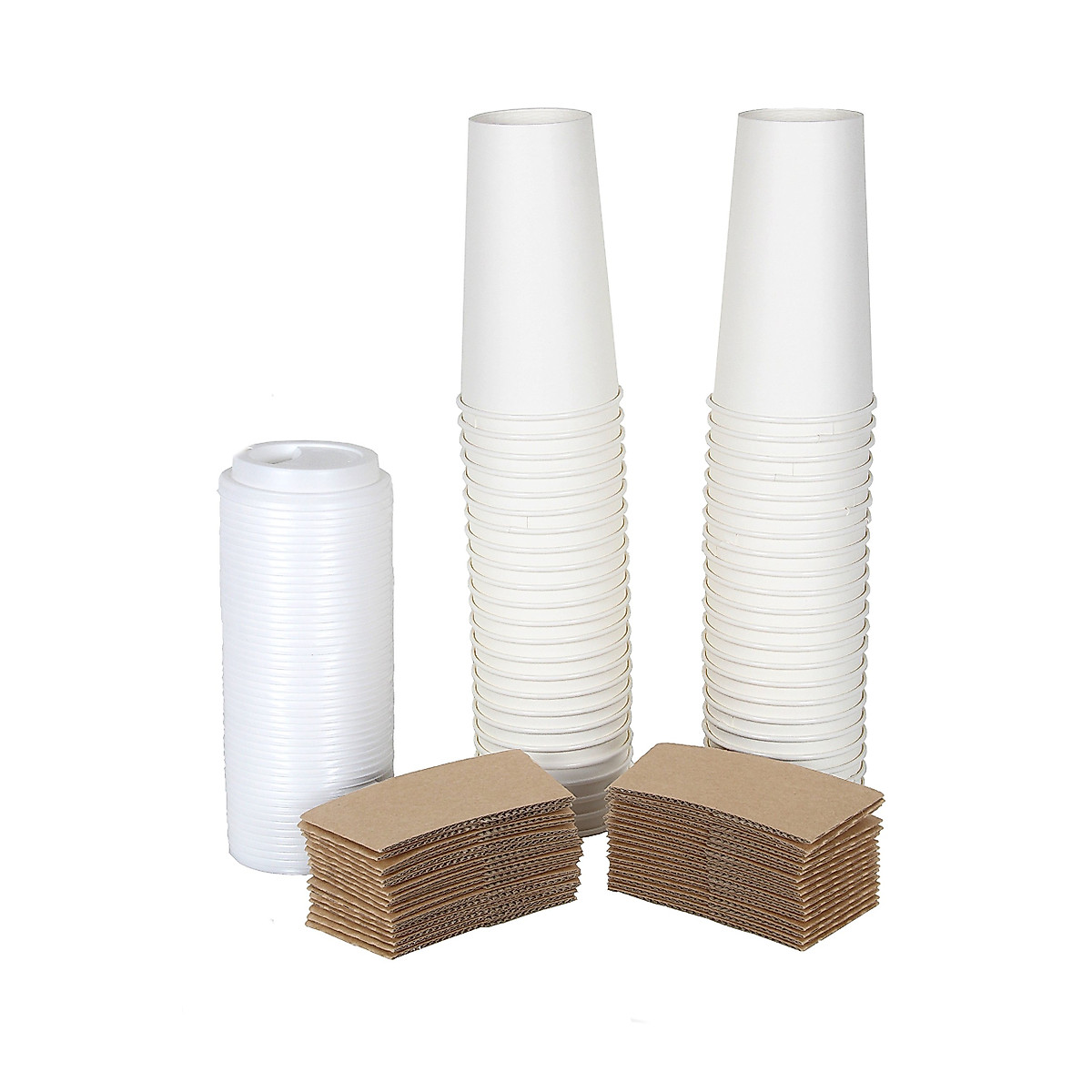 CucinaPrime White Paper Hot Coffee Cups with White Lids and Sleeves (20 Ounce - 50 Pack)