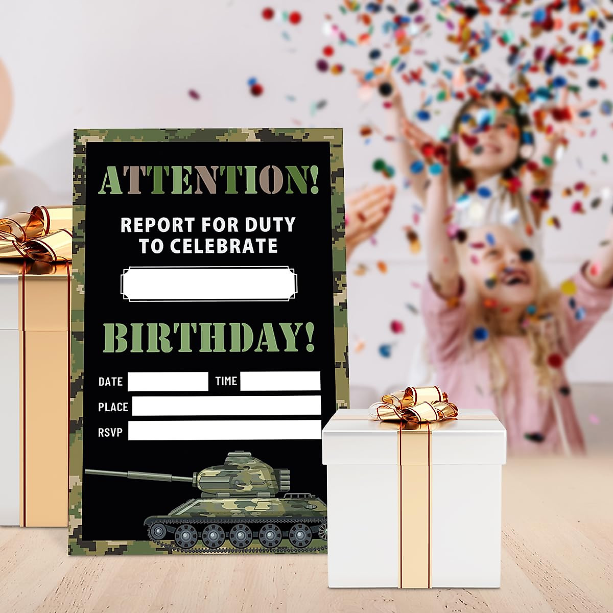 UDNADKEX Army Birthday Invitations for Boys with Envelopes, Invites for Birthday Party Camo Military, Camouflage Tank Birthday Party Invitations Cards, Attention The Duty, 4"x6" Set of 20