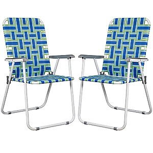 F2C Patio Lawn Chairs Folding Set of 2, Metal Webbed Folding Chair Outdoor Beach Chair Portable Camping Chair for BBQ, Fishing,Yard, Garden(Blue)