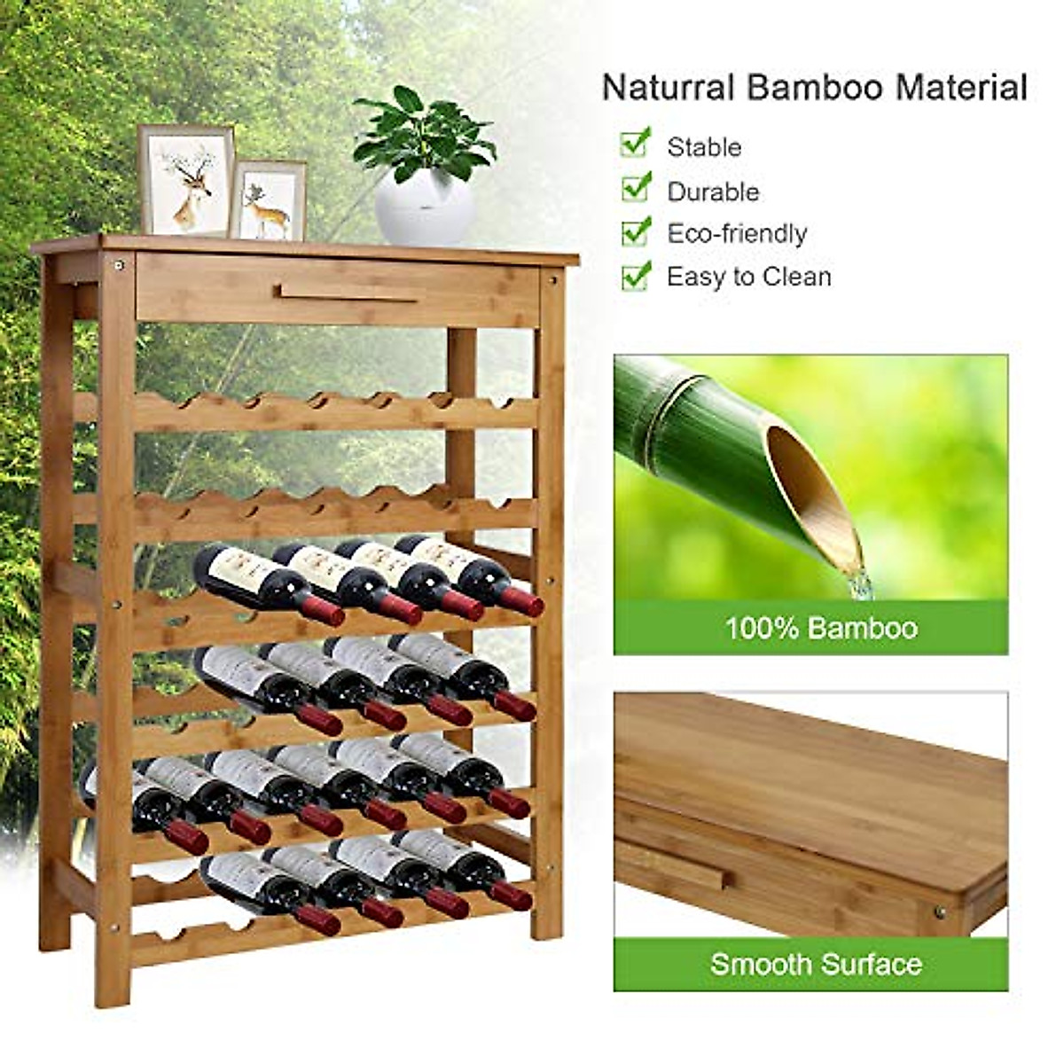 Kinlife Bamboo 6-Tiers Wine Rack with Drawer Free Standing Holder Storage Display Shelves for Storing 36 Bottles with Table Top
