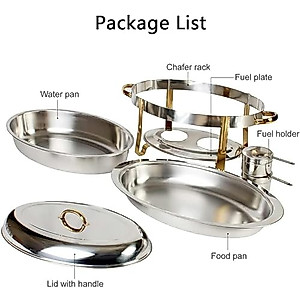 6 Quart Gold Accented Oval Chafing Dish, Full Size Stainless Steel Chafer and Buffet Food Warmers Sets Tray Buffet Catering for Banquets Party (1)