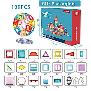 ZKA Magnetic Tiles Building Blocks Transparent Magnet 3D Building Blocks Board Kids Over Age 3 Learning Educational Toys(109PCS)