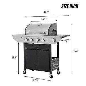 Propane Gas Grill, 4 Burners BBQ Grill with Side Burner & Thermometer, Freestanding Stainless Steel Grill Cart with Wheels for Outdoor Garden Cooking Barbecue, 42000 BTU