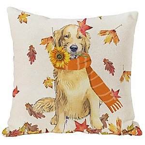 SPXUBZ Fall Throw Pillow Cover 18x18 Inch Autumn Dog Golden Retriever Home Decor Thanksgiving Farmhouse Nice Gift Square Indoor Linen Pillowcase Cushion(Two Sides Print)