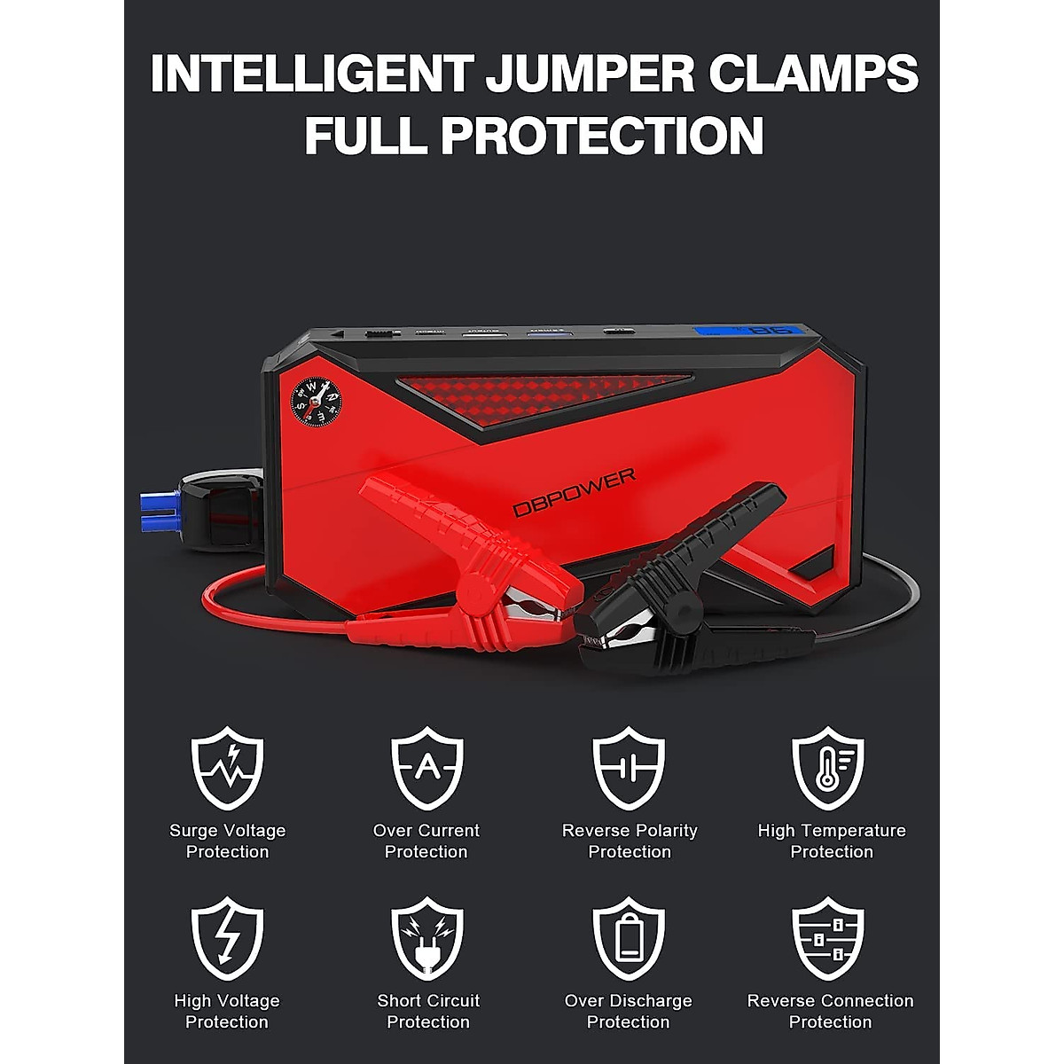 DBPOWER 1600A Peak Car Jump Starter 17200mAh Portable Jump Starter (up to 7.2L Gas, 5.5L Diesel Engines) Car Battery Booster Pack with LCD Screen, Smart Charging Port, Compass, and LED Light