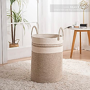 BRAIN & DANY 72L Woven Laundry Basket, Tall Cotton Rope Laundry Hamper with Handles, Large Dirty Clothes Basket Collapsible for Nursery, Bathroom, Laundry Room Organization, Bedroom Storage, Brown & White