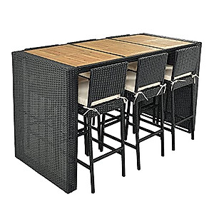 RUNNA 7-Piece Outdoor Patio Dining Set,PE Wicker Bar Furniture Set with Acacia Wood Tabletop and 6 Dining Chairs for Backyard, Garden