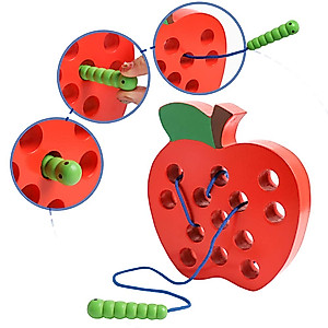 Kizh Wooden Lacing Apple Threading Toys Wood Block Puzzle Travel Game Montessori Early Learning Fine Motor Skills Educational Gift for 1 2 3 Years Old Toddlers Baby Kids