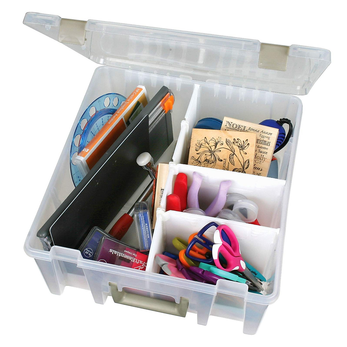 ArtBin 6990SO Super Satchel Double Deep with Removable Dividers, Large Portable Art & Craft Storage with Handle, Clear/Gold