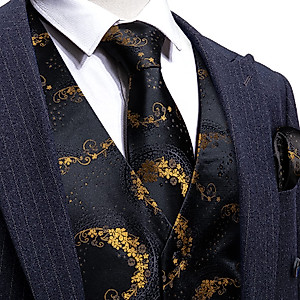 Barry.Wang Mens Suit Vest Gold Flower Silk Jacquard Waistcot Ties Set Formal/Leisure 5PCS
