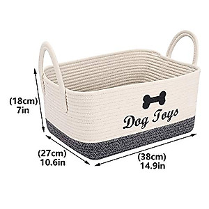 Brabtod Cotton Rope Basket | Cotton Dog Toy Basket Storage,Storage bin with Long Handle for Toys Blanket in Living Room, Baby Nursery-Beige/Dark Mixgray