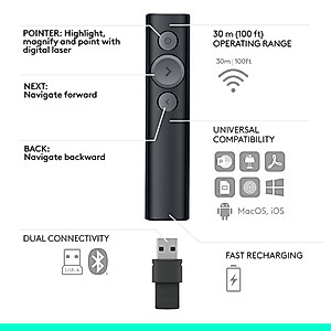 Logitech Spotlight Presentation Remote - Advanced Digital Highlighting with Bluetooth, Universal Presenter Clicker, 30M Range and Quick Charging – Black