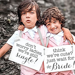 2 Ring Bearer Wedding Signs Slate Ink & Gray Ribbon | Flower Girl Ceremony Banner Classic (We're Still Single + Think We're Cute Wait for the Bride)