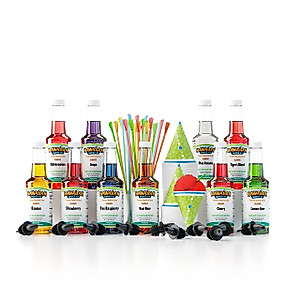Hawaiian Shaved Ice Syrup Assortment with 10 - 16oz Bottles, 50 Snow Cone Cups, 50 Spoon Straws, and 10 Pouring Spouts. Flavors include: Tiger’s Blood, Pina Colada, Blue Raspberry, Cherry, Lemon-Lime