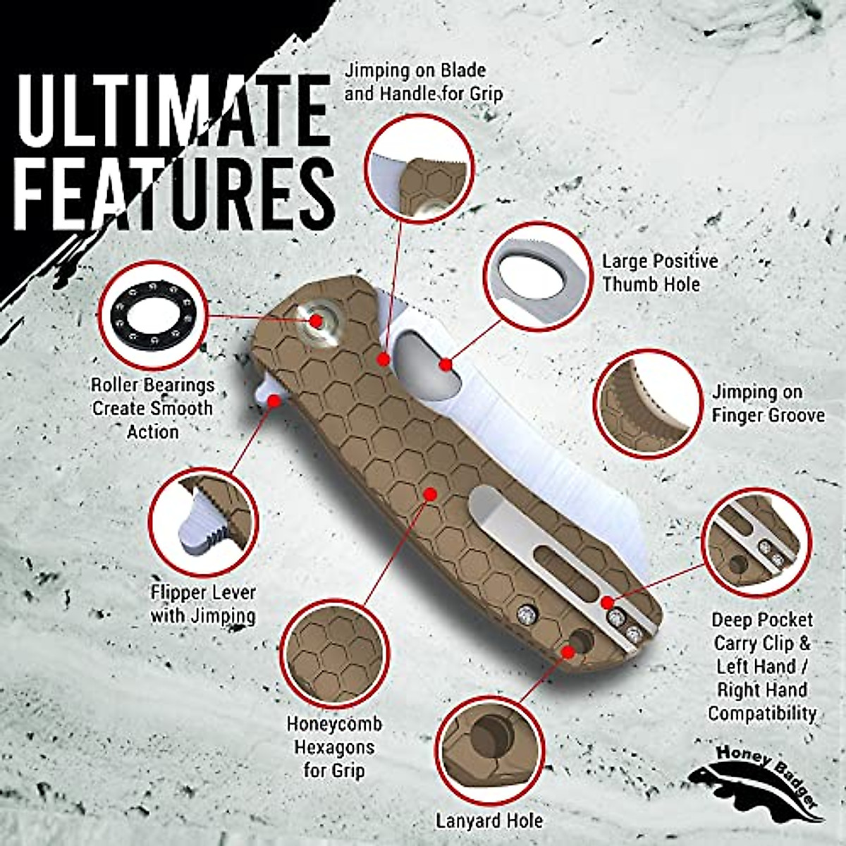 Western Active Honey Badger Wharncleaver Pocket Knife, Steel Blade Everyday Carry Knife, Pocket Knife, Tactical Knife and Folding Knife with Deep Carry Pocket Clip - (Medium Tan HB1039)