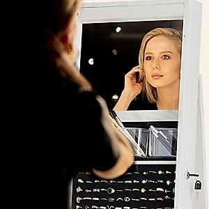 SERWALL 360 Rotating Jewelry Stand Organizer - Freestanding Dressing Mirror Jewelry Cabinet Storage - WHITE