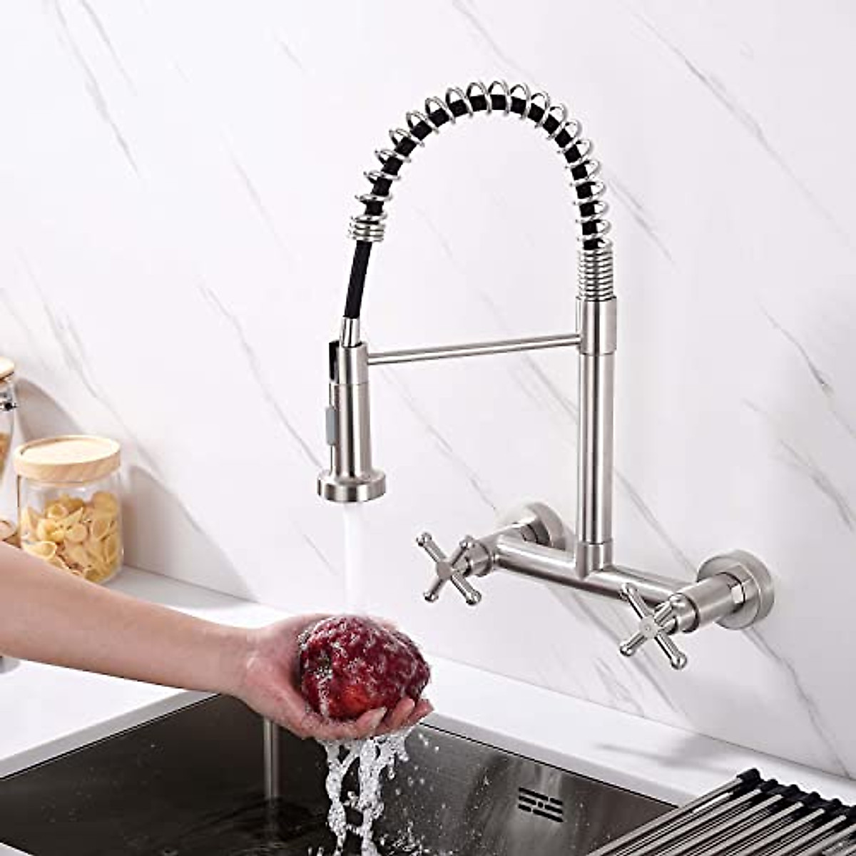Wall Mount Kitchen Sink Faucet with Pull Out Sprayer Tow Function Commercial Spring Faucet 2 Industrial Handle High Arc Center Faucet, Brushed Finish