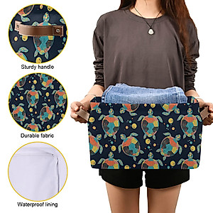 Large Storage Basket Sea Turtle Tropical Fish Cube Storage Bin Canvas Fabric Organizer Handles Collapsible Decorative for Toys Nursery Bedroom