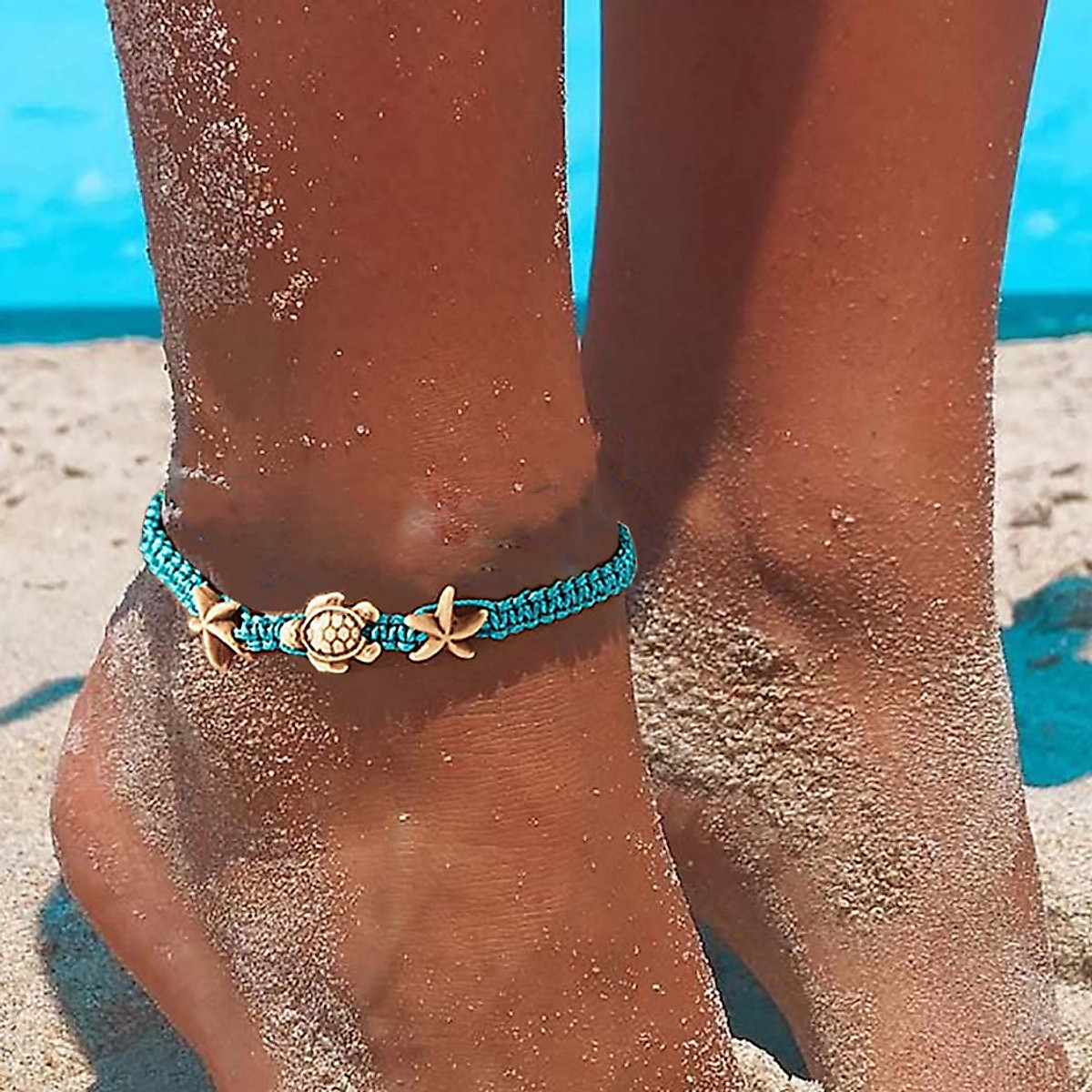 Yokawe Boho Anklets Bracelets Blue Turtle Starfish Anklet String Bracelet Summer Beach Waterproof Barefoot Sandals Foot Jewelry for Women