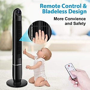 Air Choice Evaporative Cooler with Remote, 48" Bladeless Cooling Tower Fan with 3 Speed & 3 Modes, Quiet High Velocity Tower Fan Air Conditioner with LED screen, Tail Fan with 12 Hours Timer
