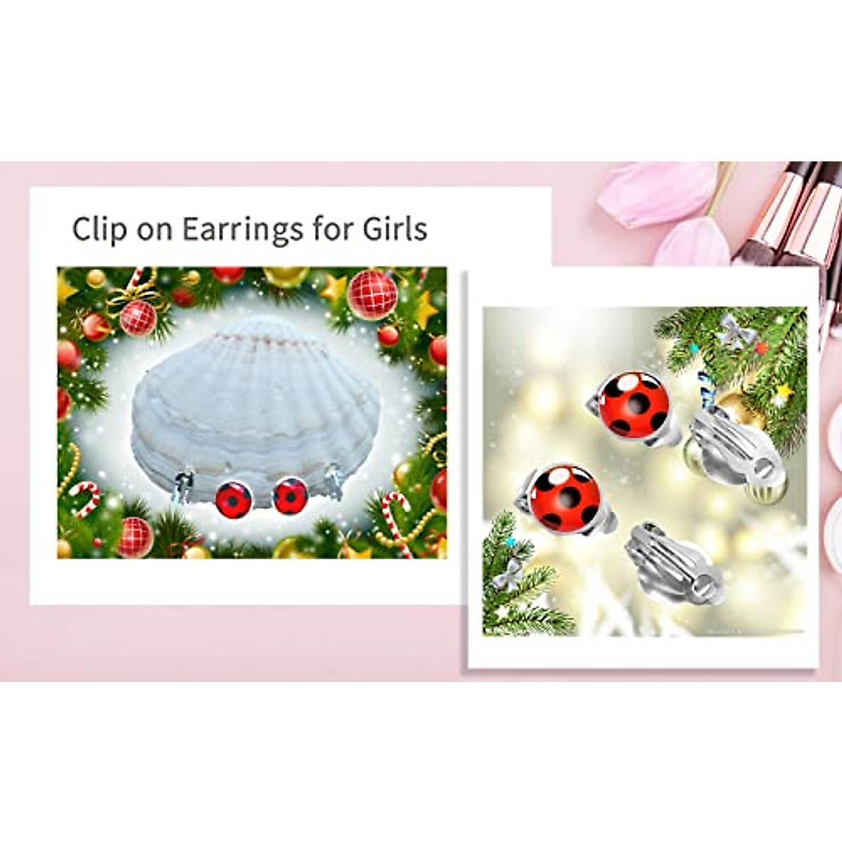 OHINGLT Ladybug Clip on Earrings for Woman Girls,Silver Ear Cuff Black Spot Red Ladybug Earrings,Cute Unique Christmas Gifts for Kids (Red)