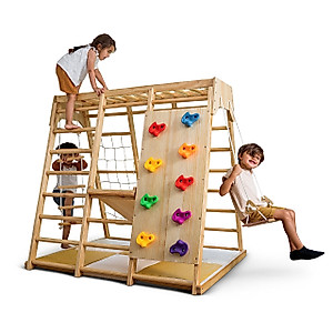Avenlur Magnolia Indoor Playground 6-in-1 Jungle Gym Montessori Waldorf Style Wooden Climber Playset Slide, Rock Climbing Wall, Rope Wall Climber, Monkey Bars, Swing for Toddlers, Children Kids 2-6yrs