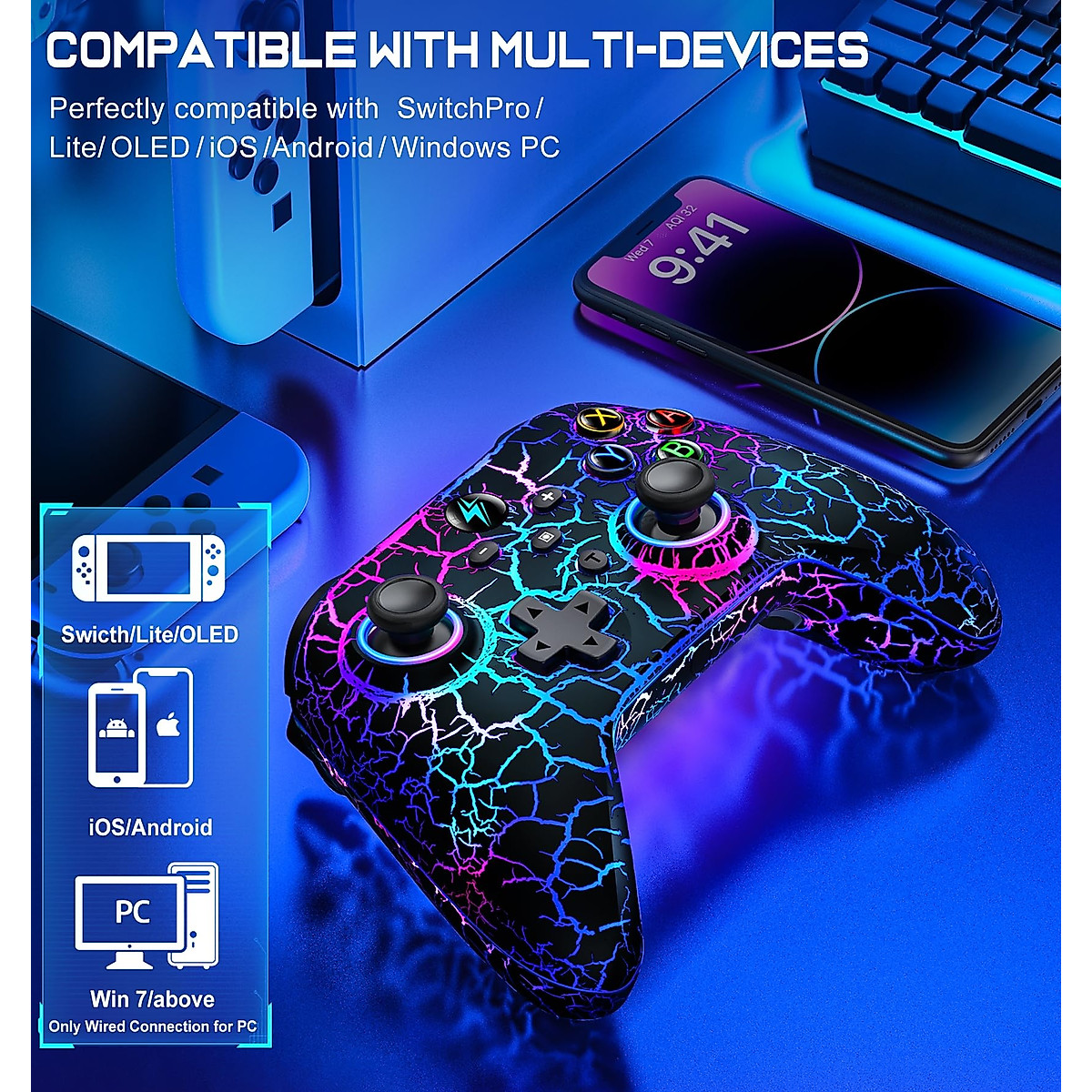 Svetaecho Wireless Switch Controller for Nintendo Switch Controller/Lite/OLED-LED Wired Windows PC Game Joysticks-Wireless PC IOS Android Remote with Cool RGB/Programmable Nintendo Switch Accessories
