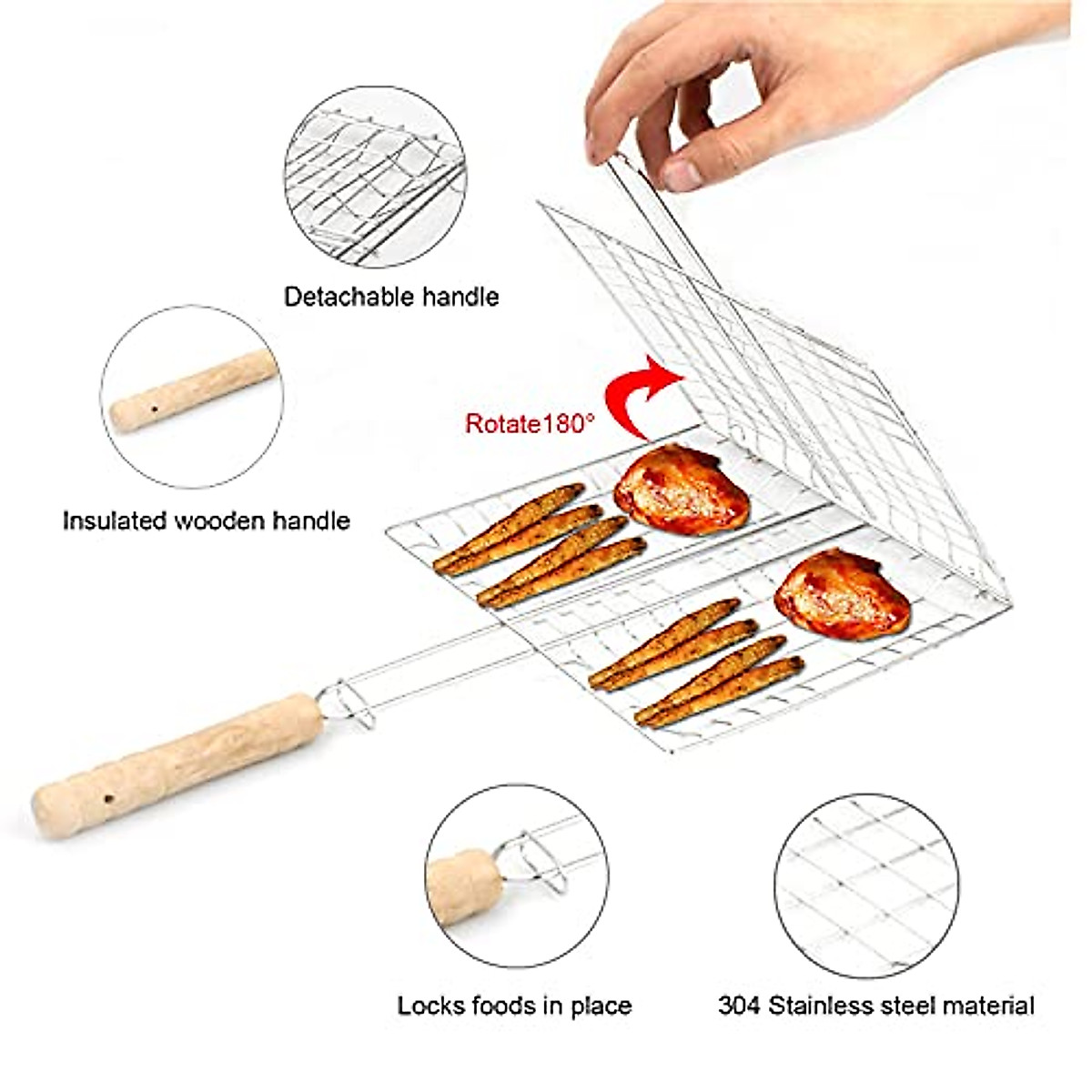 Odowalker Barbeque Basket, Portable BBQ Grilling Basket with Long Handle, Grilling Basket Stainless Steel for Fish Vegetables Steak Shrimp Chops Outdoor Grill Tool