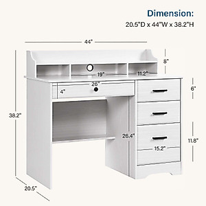 MaverickFurni White Desk with 4 Drawers, Computer Desk with Drawers and Hutch&Shelf, Wood Writing Home Office Workstation, Student Desks for Bedooms with Drawers, 38.2” H x20.5” D x44” W - White