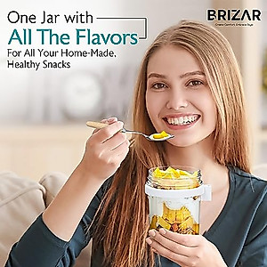 BRIZAR Glass Overnight Oats Containers with Lids - Airtight Overnight Oats Jars & Recipe Book - Overnight Oats Container for Food Storage, Oatmeal, Chia Pudding, Fruit, Yogurt - 2 Pack, 10 oz