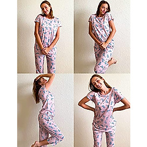 Ekouaer Women's Pajamas Short Sleeve Sleepwear Tops and Capri Pants Cute Print Pajama Sets with Pockets Green Flowers