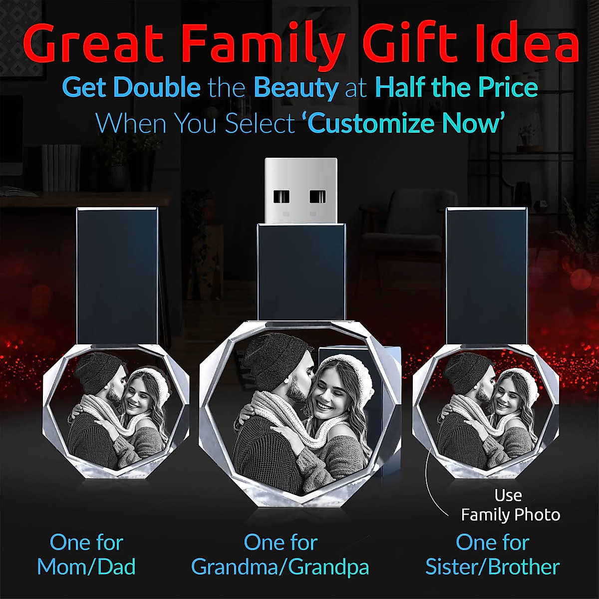 ArtPix 3D Crystal Photo 16GB USB Flash Drive, Custom Valentine's Day Gifts, Octagon