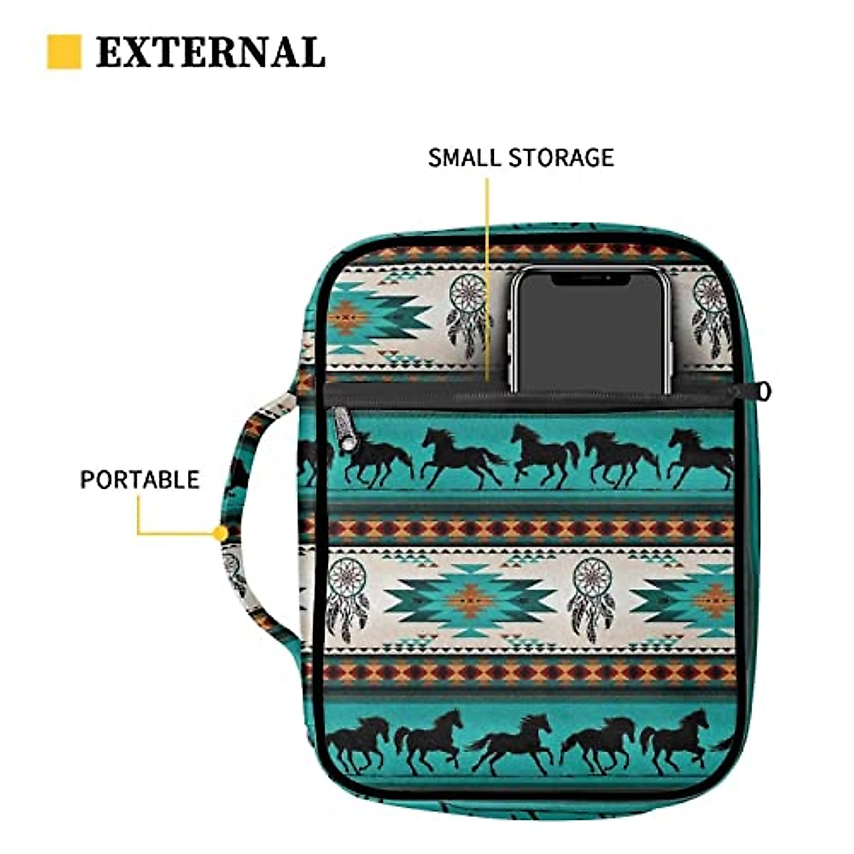 Suobstales Aztec Horse Bible Cover for Women Men, Southwest Tirbal Portable Carrying Book Case Church Bag Bible Protective with Handle and Zippered Pocket