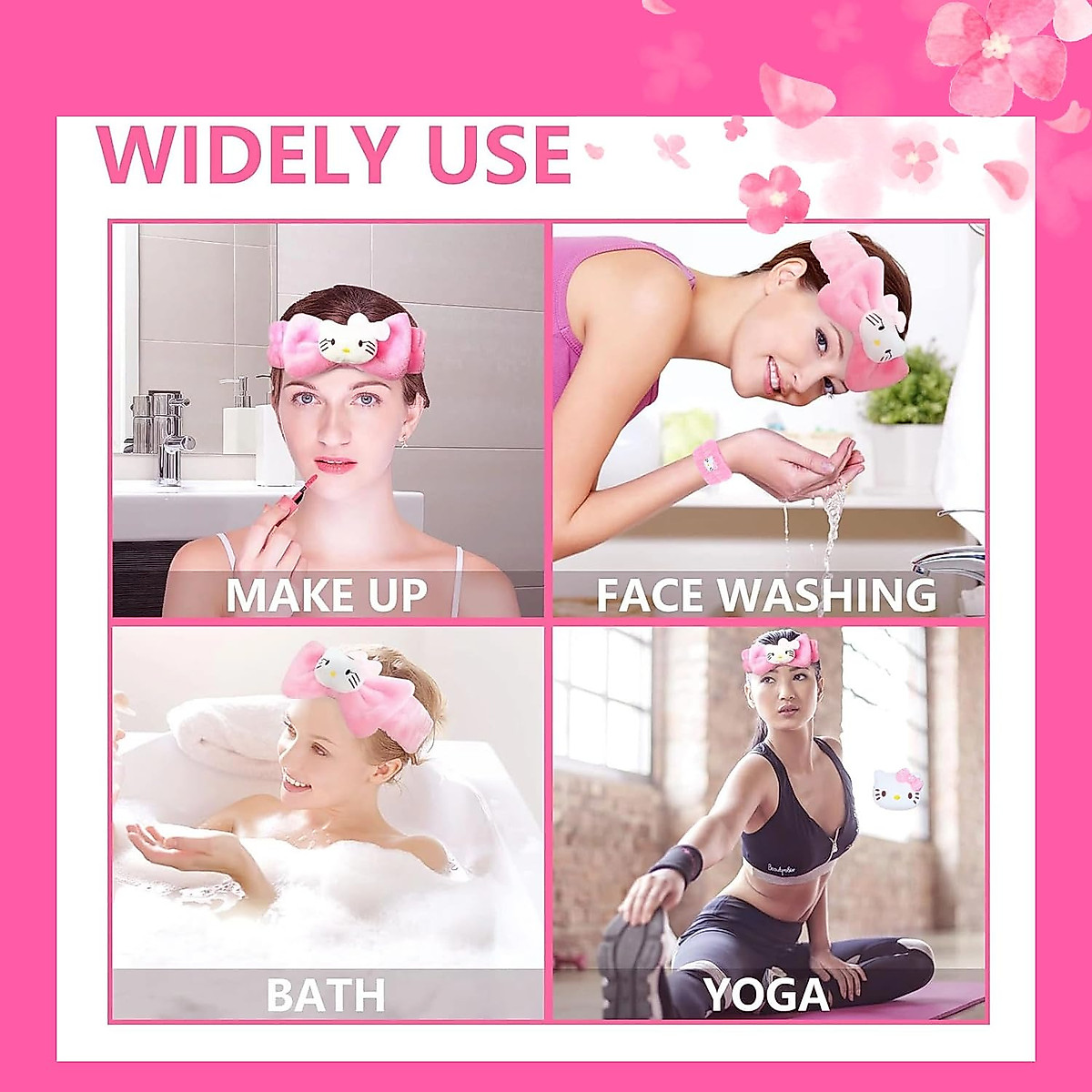 Frumiwca Skincare Headband Spa Headband and Wristband Set for Washing Face Kawaii Kitty Pink Cute Bubble Makeup Headband Kit for Women Knotted Bow Kawaii Skin Care Accessories (3PCS, Pink)