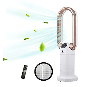 Bladeless Fan and HEPA Air Purifiers Combo, 29 inch Tower Fan with Remote, 120° Oscillating & 270° Tilt Head Table Fan, 9 Speeds 9 HoursTimer Air Circulator for Home Office Bedroom, White/Gold