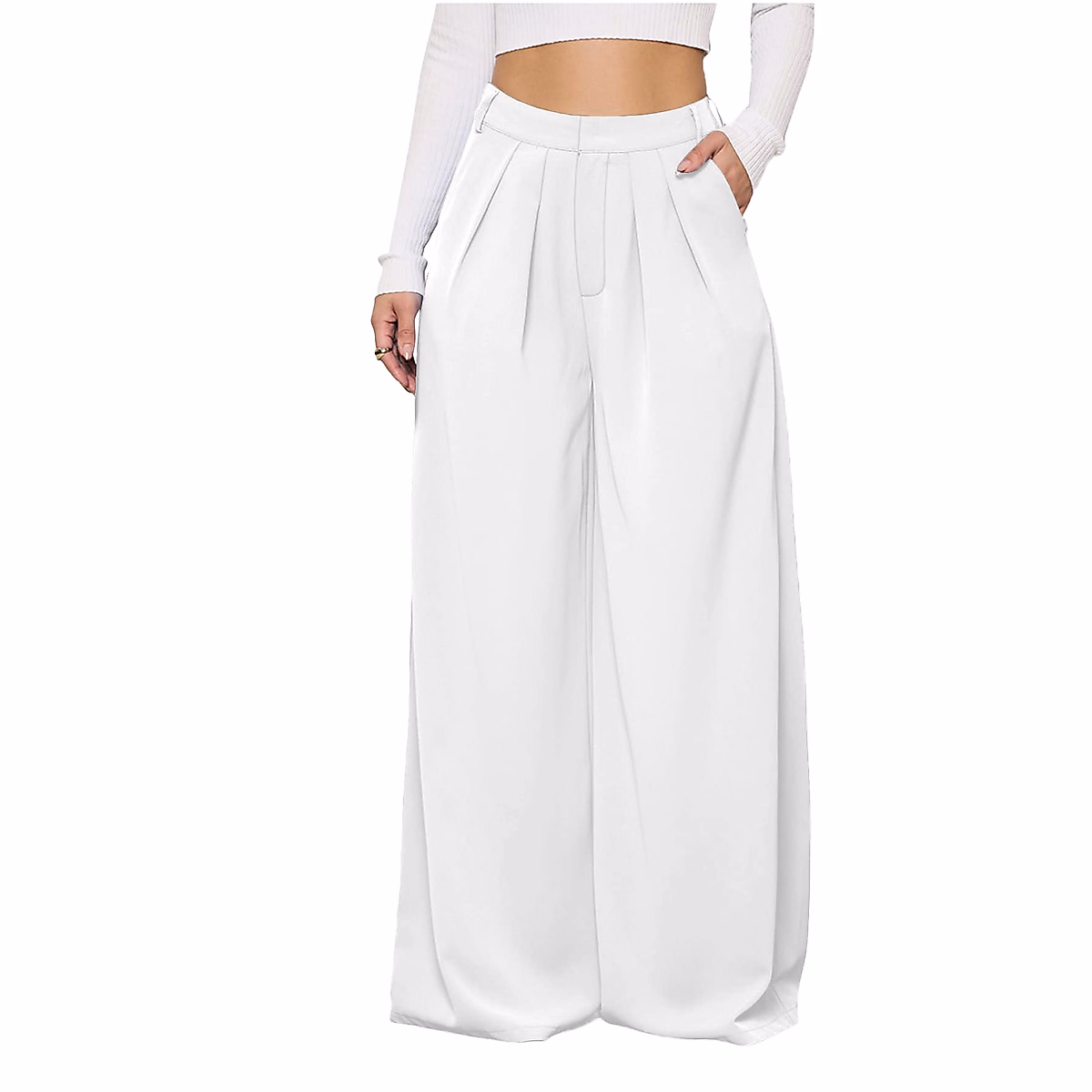 LYANER Women's High Waisted Wide Leg Palazzo Pants Hidden Zipper Loose Casual Trousers White X-Large
