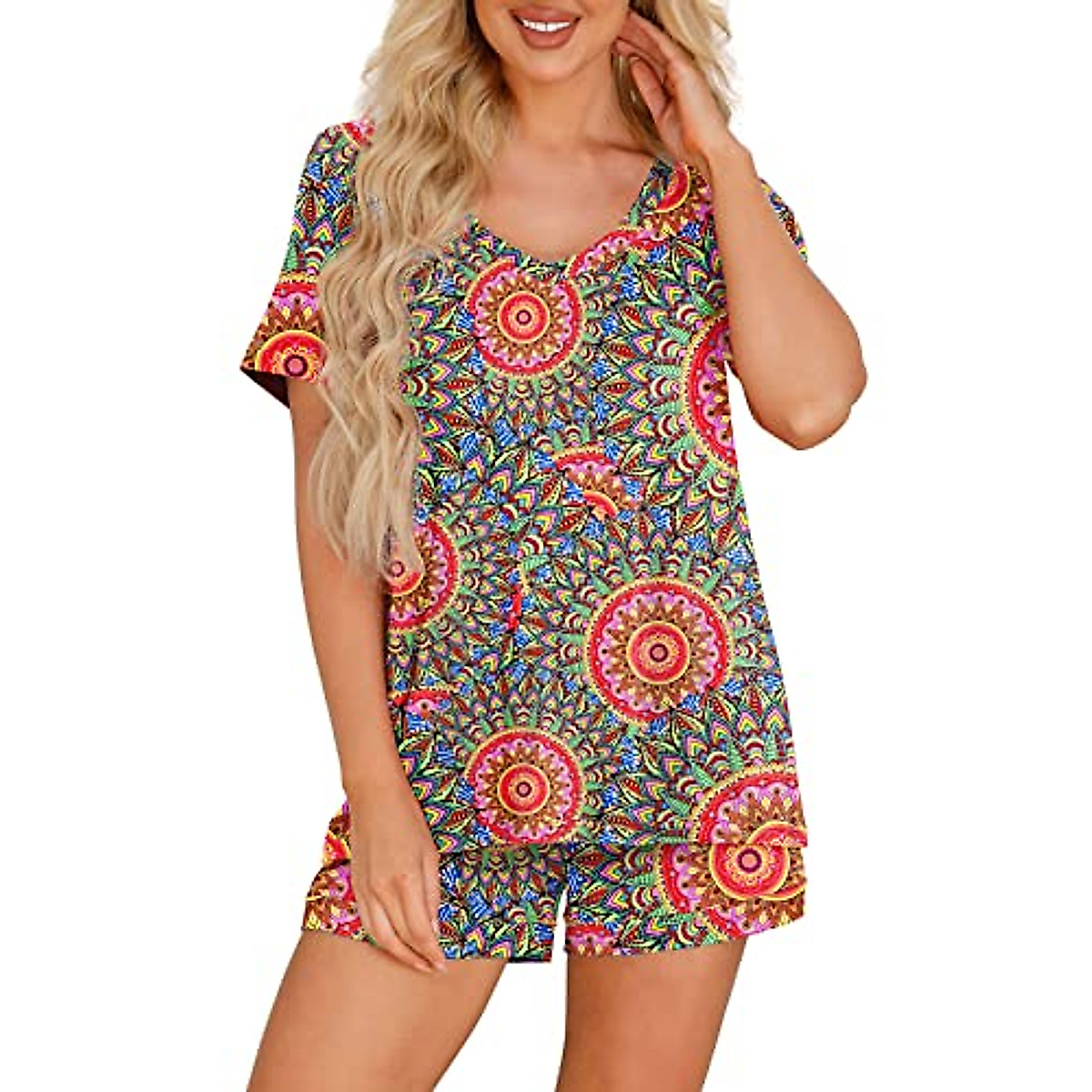 PrinStory Women's Pajama Set Short Sleeve Shirt and Shorts Sleepwear Pjs Sets with Pockets FP-Peacock Blue-Large