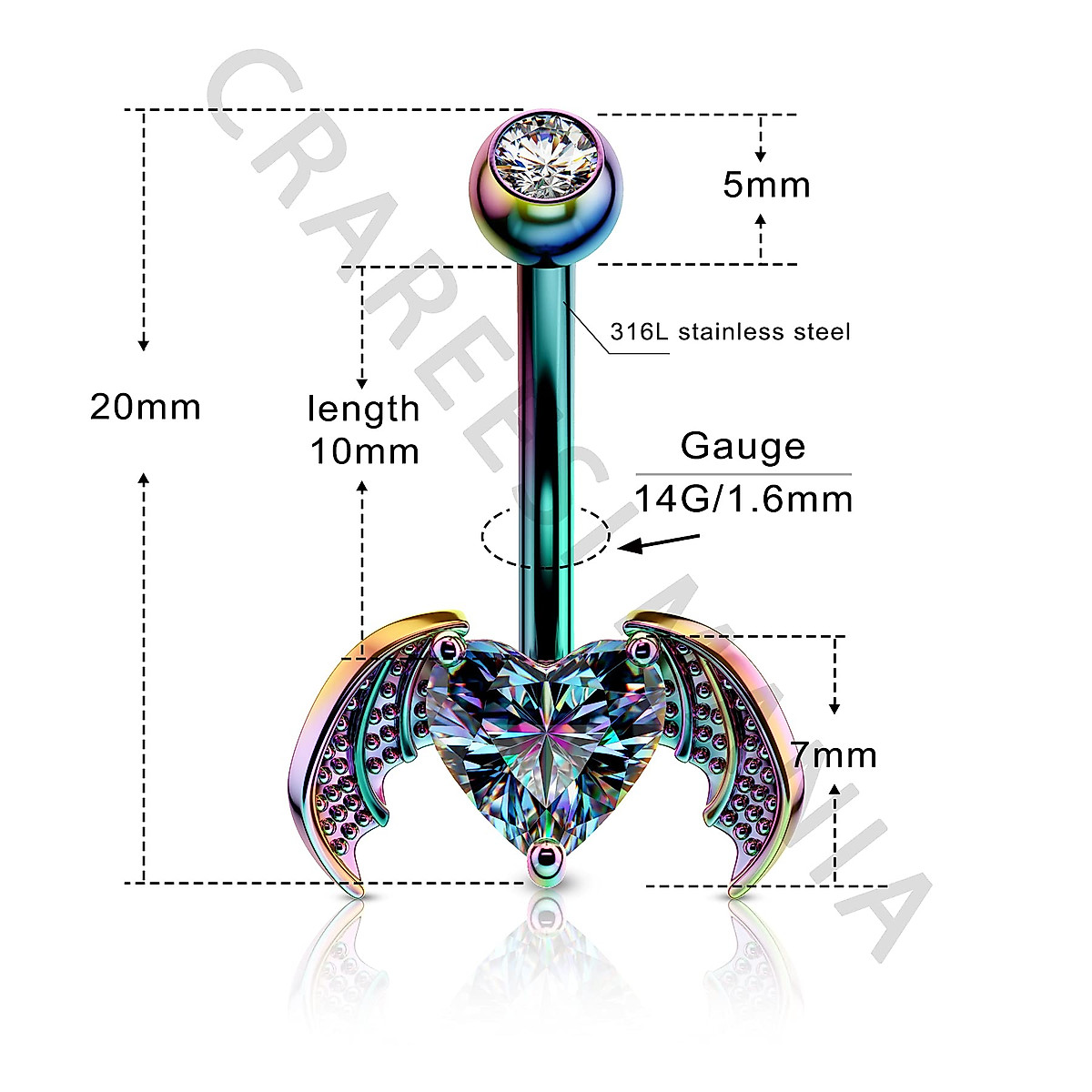 CM Crareesi Mania Navel Piercing Jewelry 14G Bat Belly Button Ring 316L Stainless Steel 10mm Belly Ring Rainbow Belly Button Piercing Jewelry for Halloween