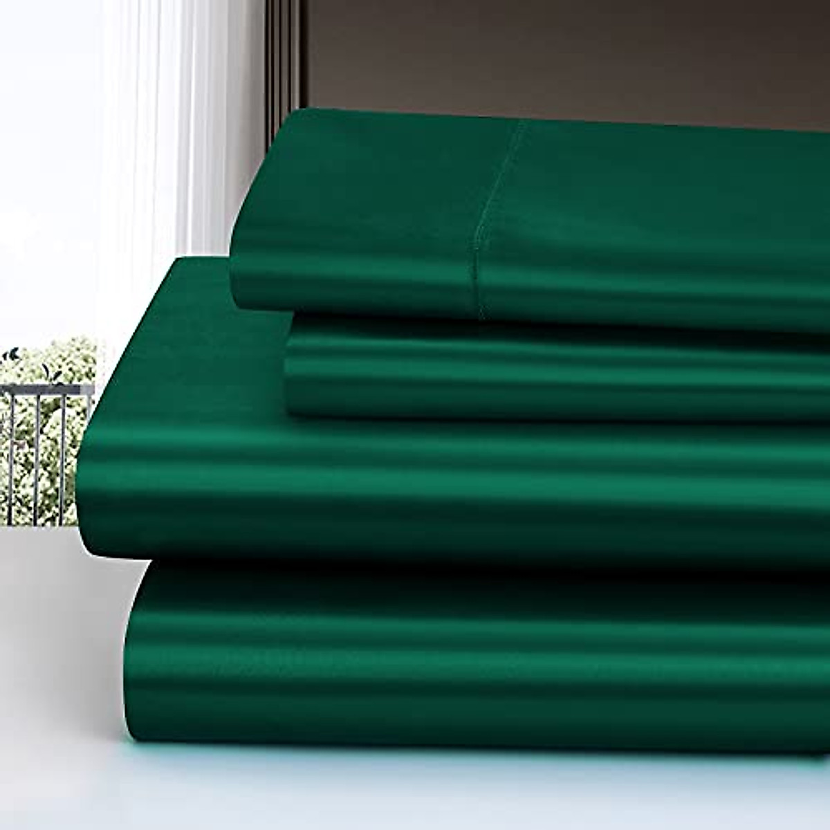 Homiest 4pcs Satin Sheets Set Luxury Silky Satin Bedding Set with Deep Pocket, 1 Fitted Sheet + 1 Flat Sheet + 2 Pillowcases (Queen Size, Blackish Green)
