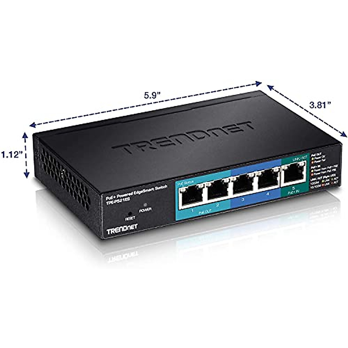 TRENDnet 5-Port Gigabit PoE+ Powered EdgeSmart Switch with PoE Pass Through, 18W PoE Budget, 10Gbps Switching Capacity, Managed Switch, Wall-Mountable, Lifetime Protection, Black, TPE-P521ES