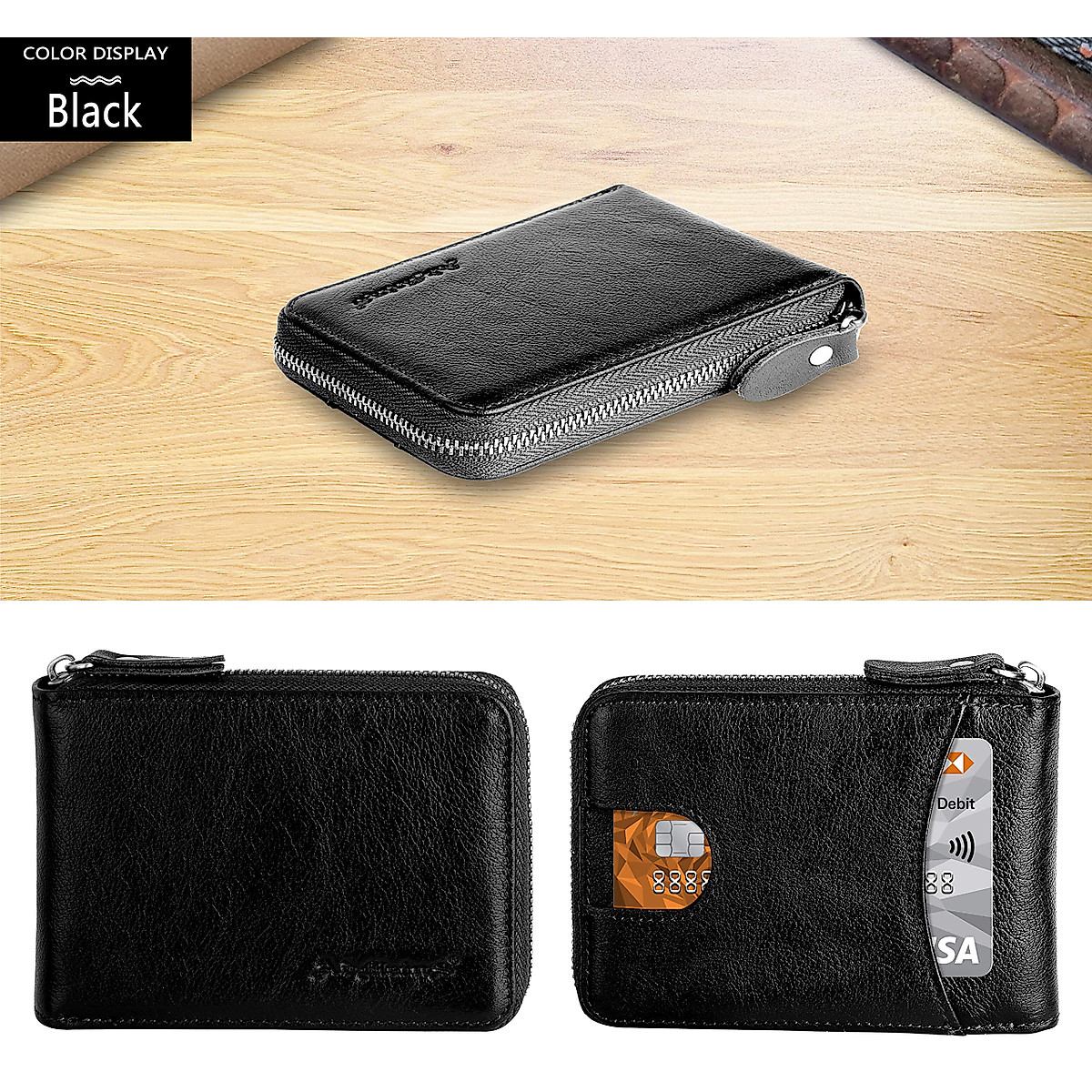 Admetus Men's Zipper Wallet Leather Bifold Wallets Slim RFID Blocking Zip Around Credit Card Holder Compact Small Wallet 2Black